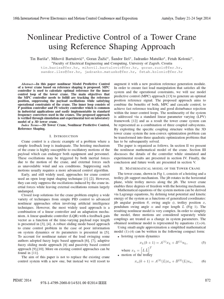 Nonlinear Predictive Control of A Tower Crane | PDF | Control Theory | Electric Motor