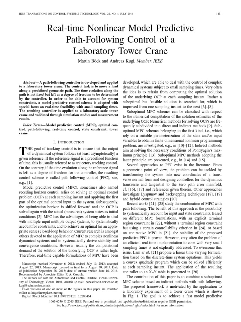 Realtime Nonlinear Model Predictive Path Following For Laboratory Tower Crane | PDF | Control ...