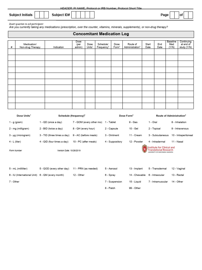 Concomitant Medication Tracking Log Form Template - 2019.10.28 | PDF ...