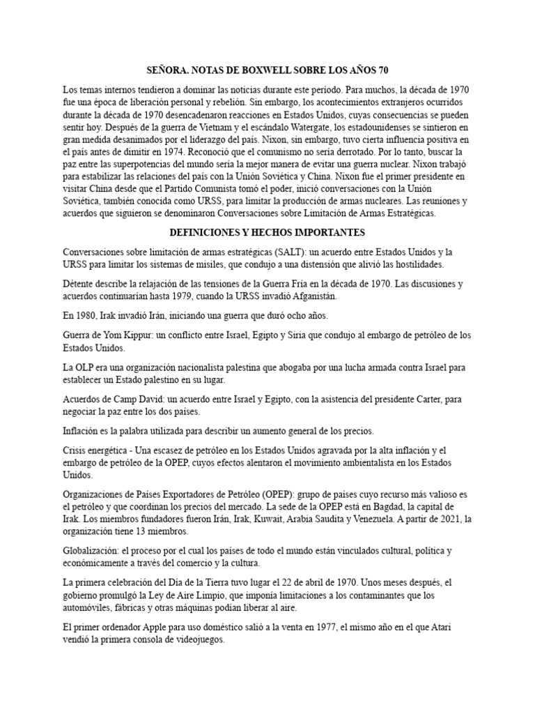 Mrs. Boxwell's Notes On The 1970'S in Spanish | PDF | Israel | Política ...