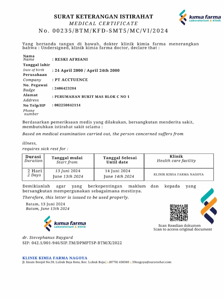 Surat Keterangan Sakit Kimia Farma | PDF