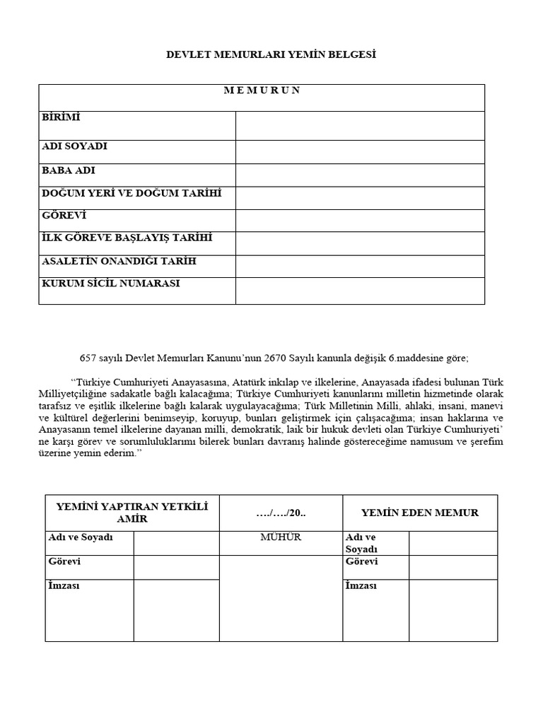 Devlet Memurlari Yemin Belgesi | PDF