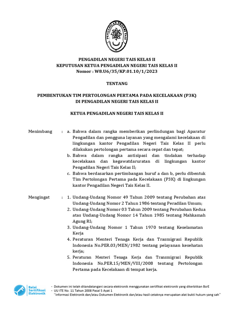 35 SK Pembentukan Tim Pertolongan Pertama Pada Kecelakaan (P3K) - Sign | PDF