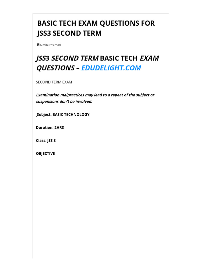 Basic Tech Exam Questions For JSS3 Second Term | PDF | Electrical Wiring | Foundation (Engineering)