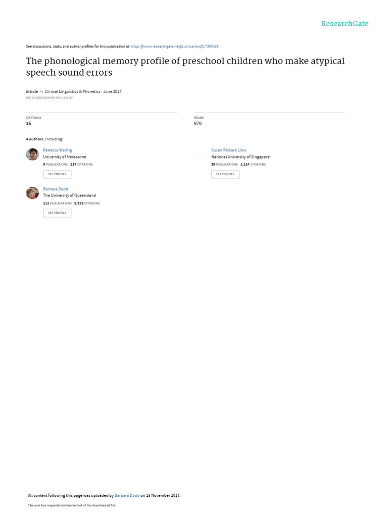 The Phonological Memory Profile of Preschool Children Who Make Atypical Speech Sound Errors ...