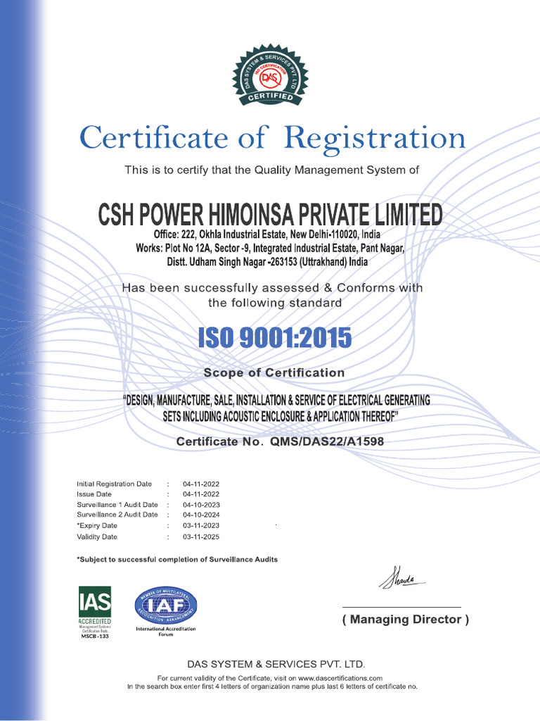 ISO 9001 2015 Certificate CSH 2023 | PDF