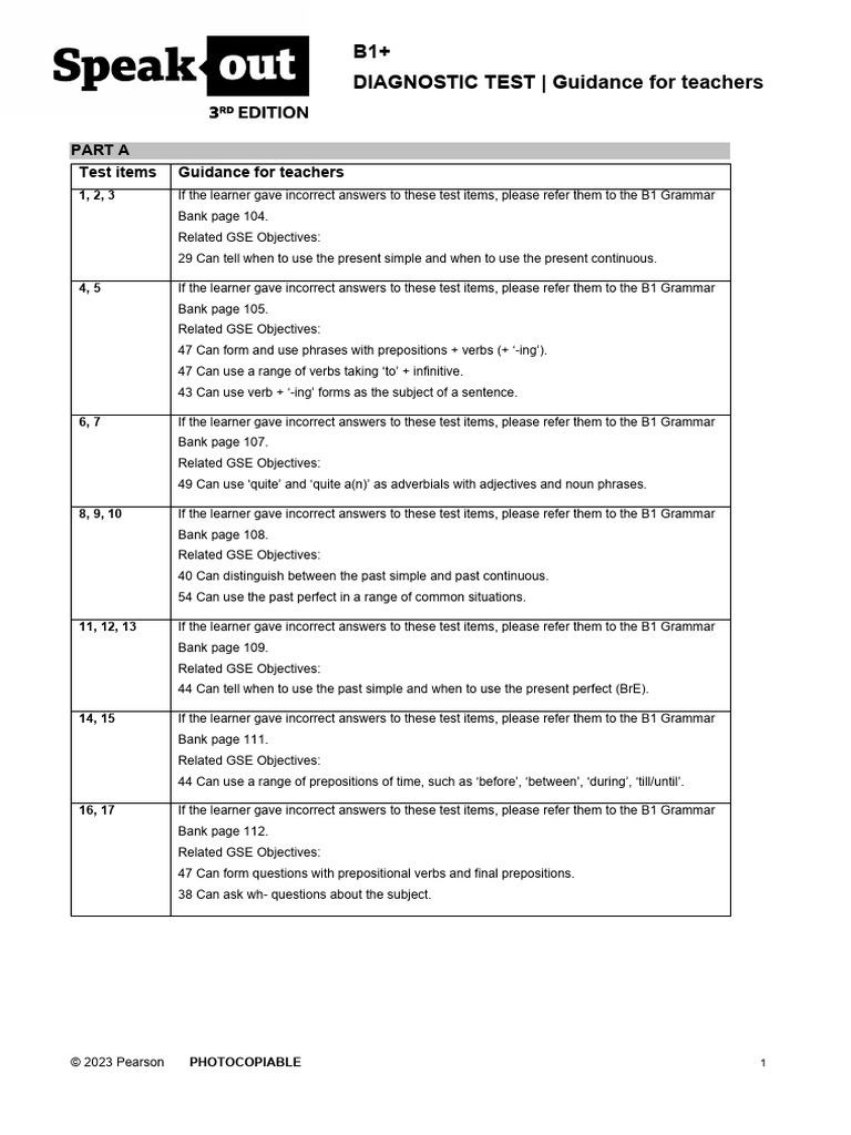 Teacher's Guide: B1+ Diagnostic Test | PDF | Verb | Question