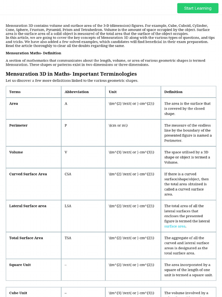Mensuration 3D - Formulas and Theory PDF For Competitive Exams! | PDF