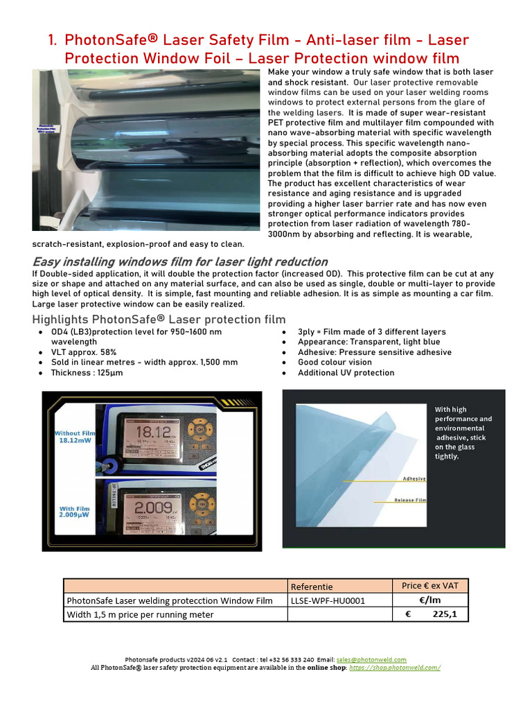 PhotonSafe Laser Protection Window Film Foil 2024 06 With Price v1.1 ...