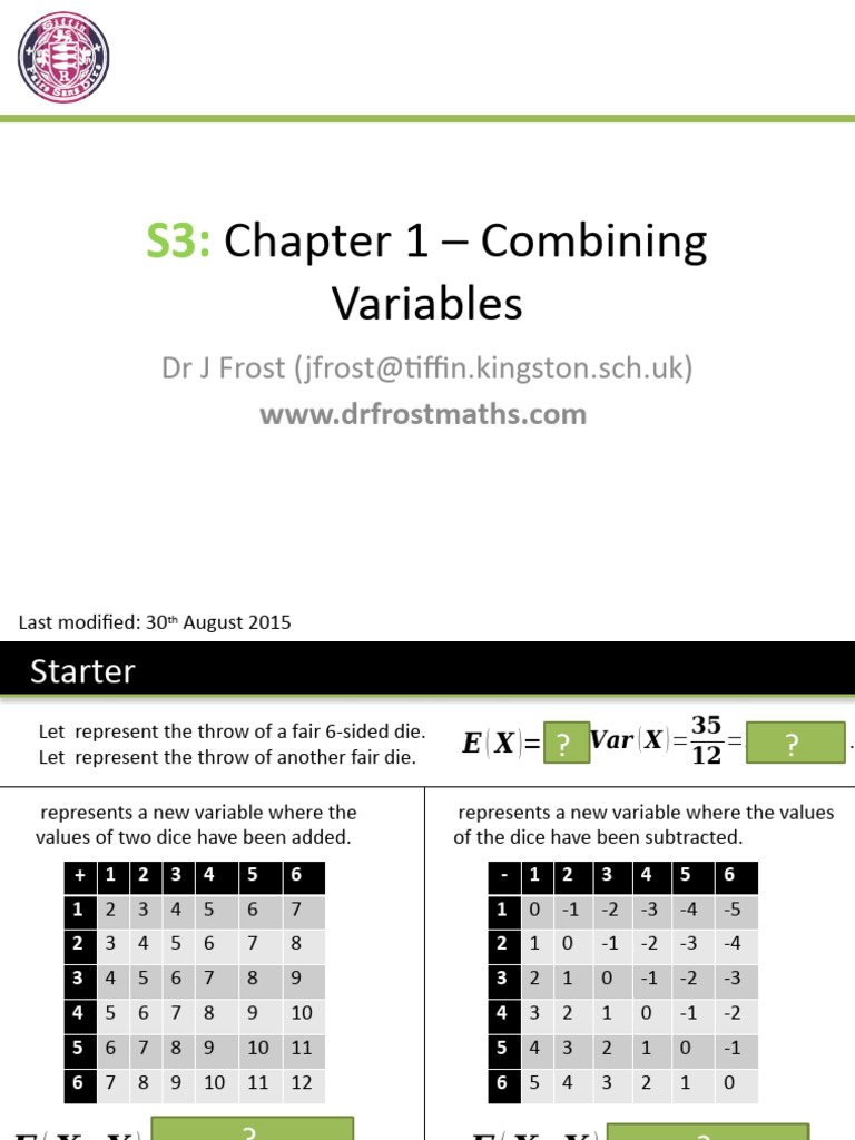 S3 Chp1 CombiningVars | PDF | Variance | Normal Distribution