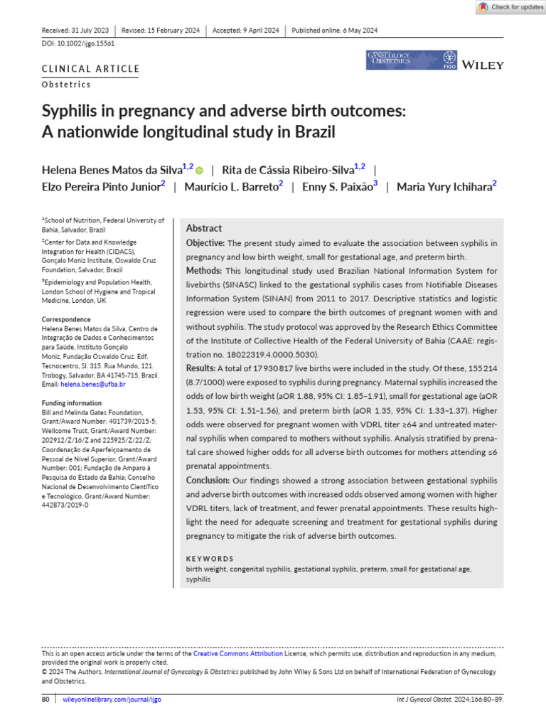 Syphilis in Pregnancy and Adverse Birth Outcomes A Nationwide ...
