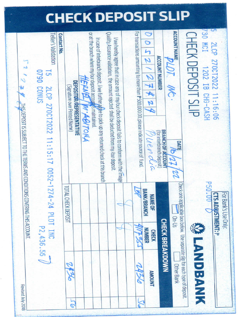 Deposit Slip PLDT | PDF