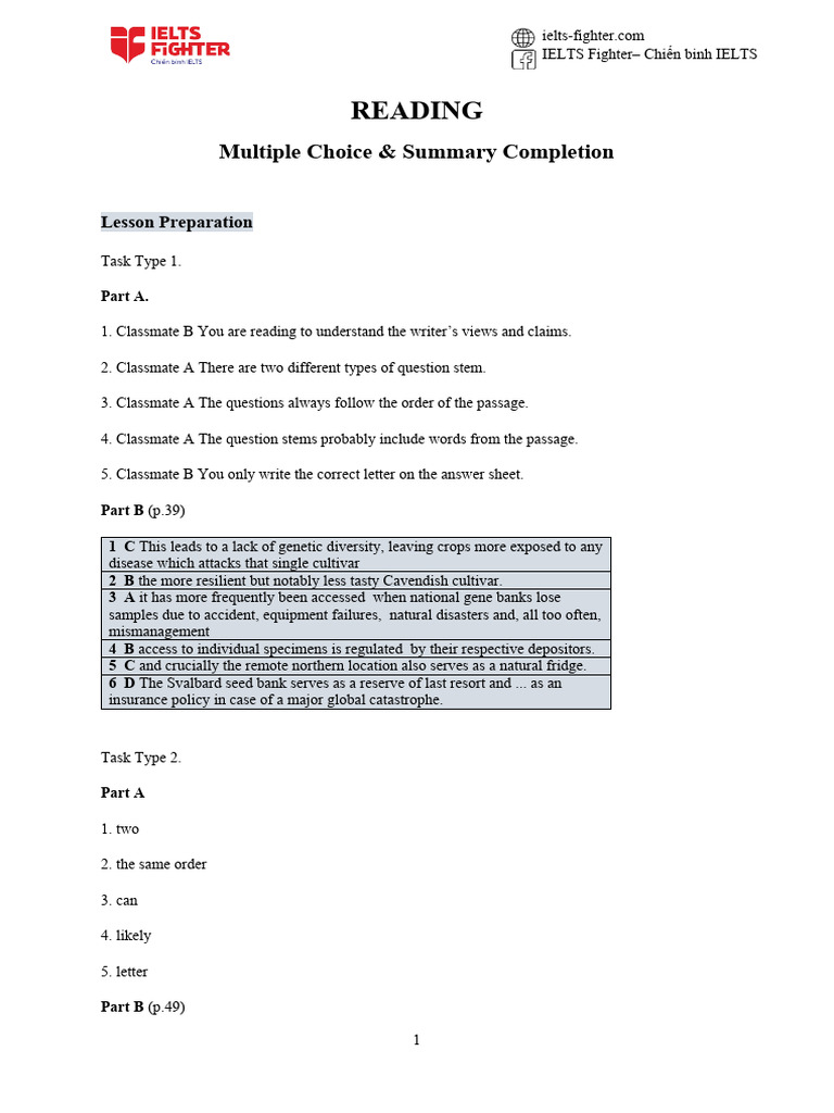 Answer Key. Reading 1 - Multiple Choice & Summary Completion | PDF ...
