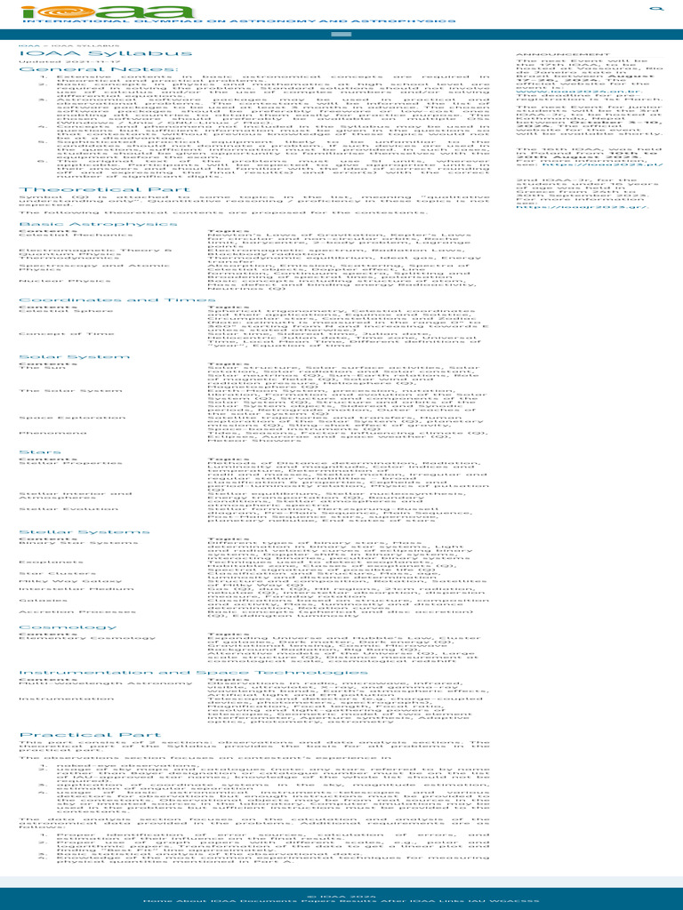 IOAA Syllabus - IOAA | PDF | Stars | Sun