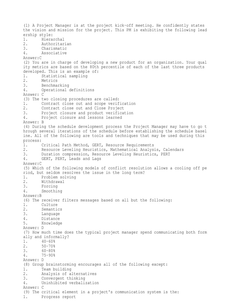 PMP Exam Sample Questions and Answers | PDF | Project Management | Risk ...