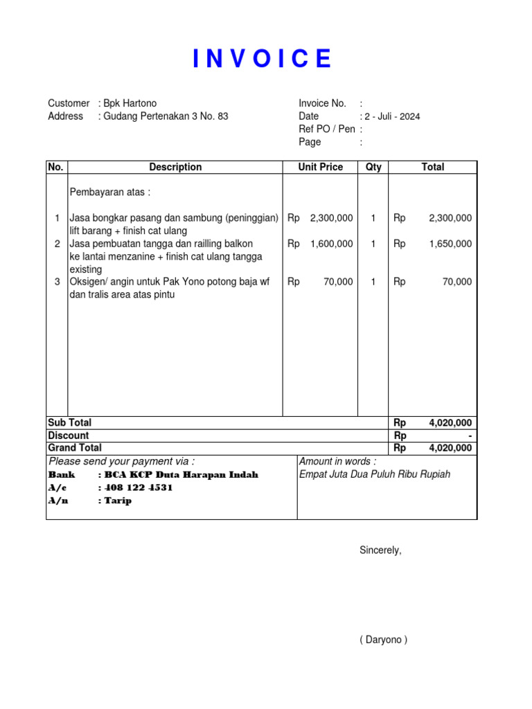 Invoice Jasa Bongkar Pasang Lift Barang Dan Tangga Ke Menzanine | PDF