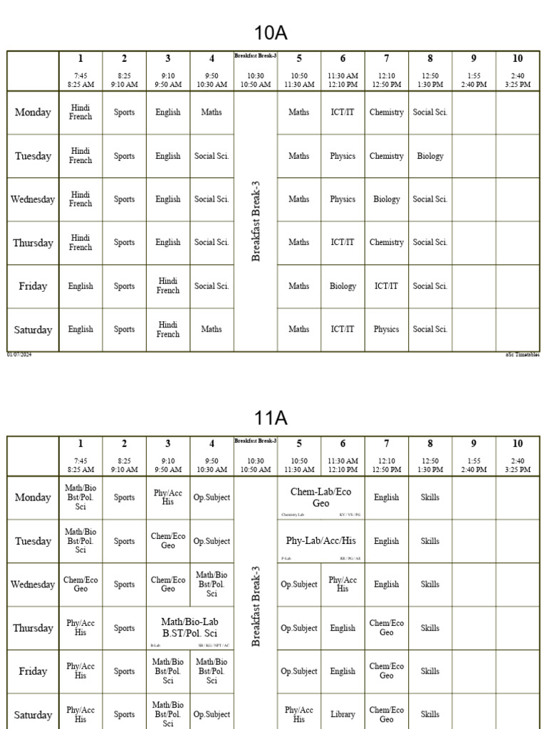 TT NEW JULY 2024-25 Class 10A 11&12 | PDF