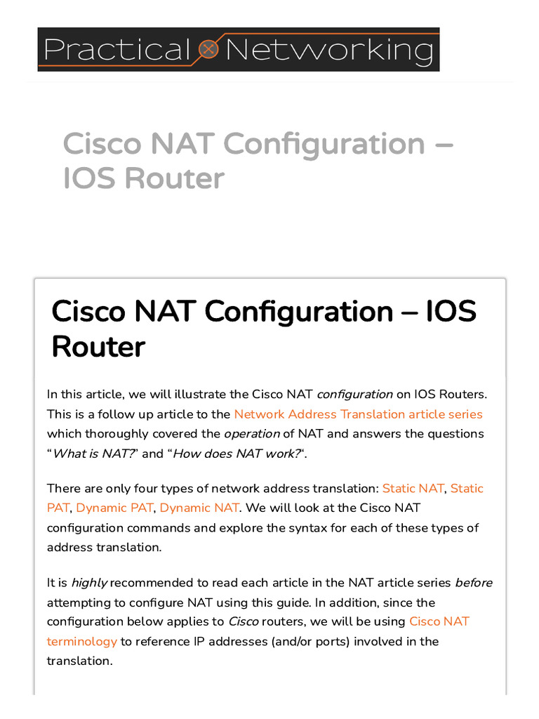 Cisco NAT Configuration - IOS Router - Practical Networking | PDF | Ip ...