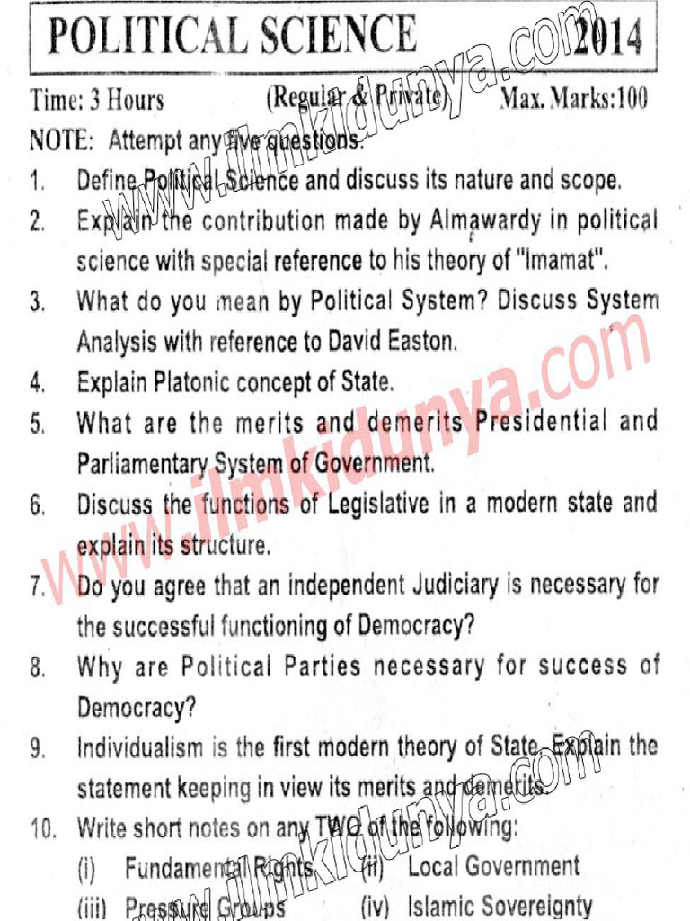 Past Papers 2014 Karachi University BA Part 1 Political Science English ...