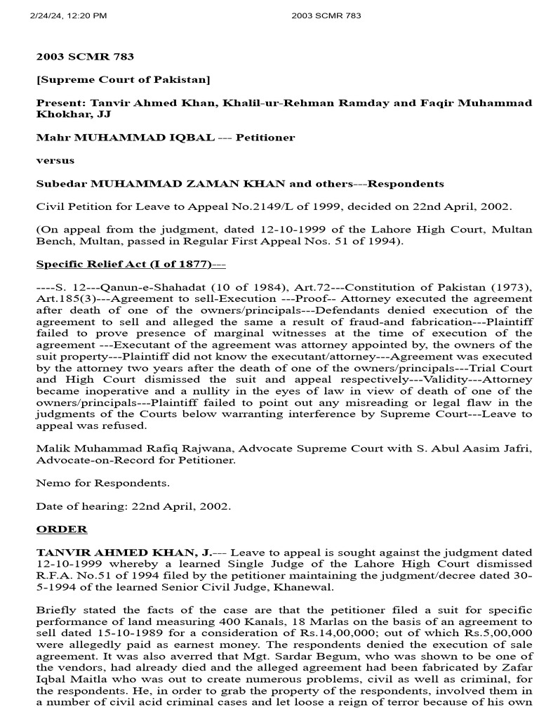 2003 SCMR 783 | PDF | Lawsuit | Judgment (Law)