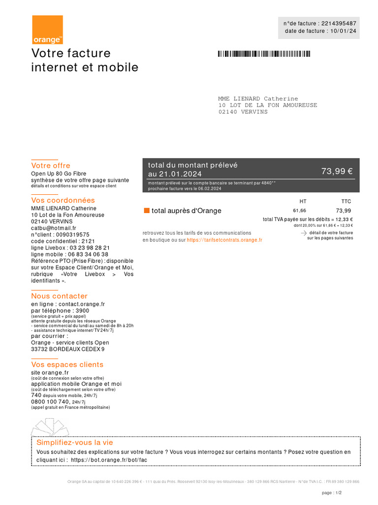 Facture Open Up 80 Go Fibre | PDF | Facture | Télécommunications