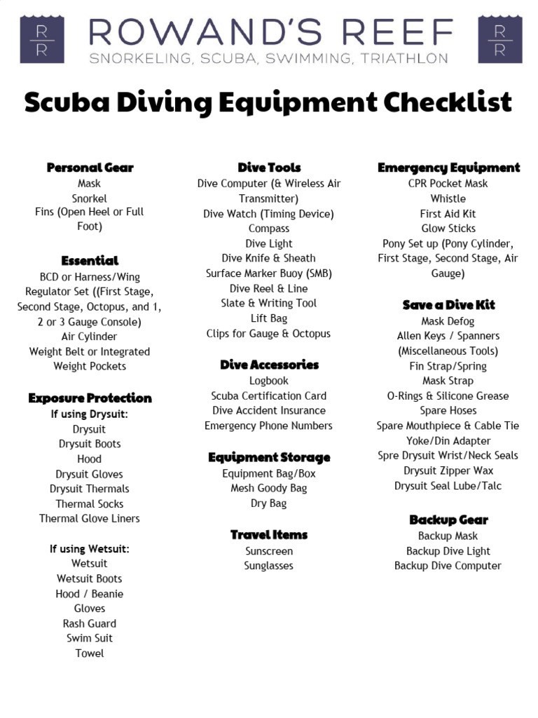Rowand's Reef Scuba Diving Equipment Checklist | PDF | Foreign Language ...