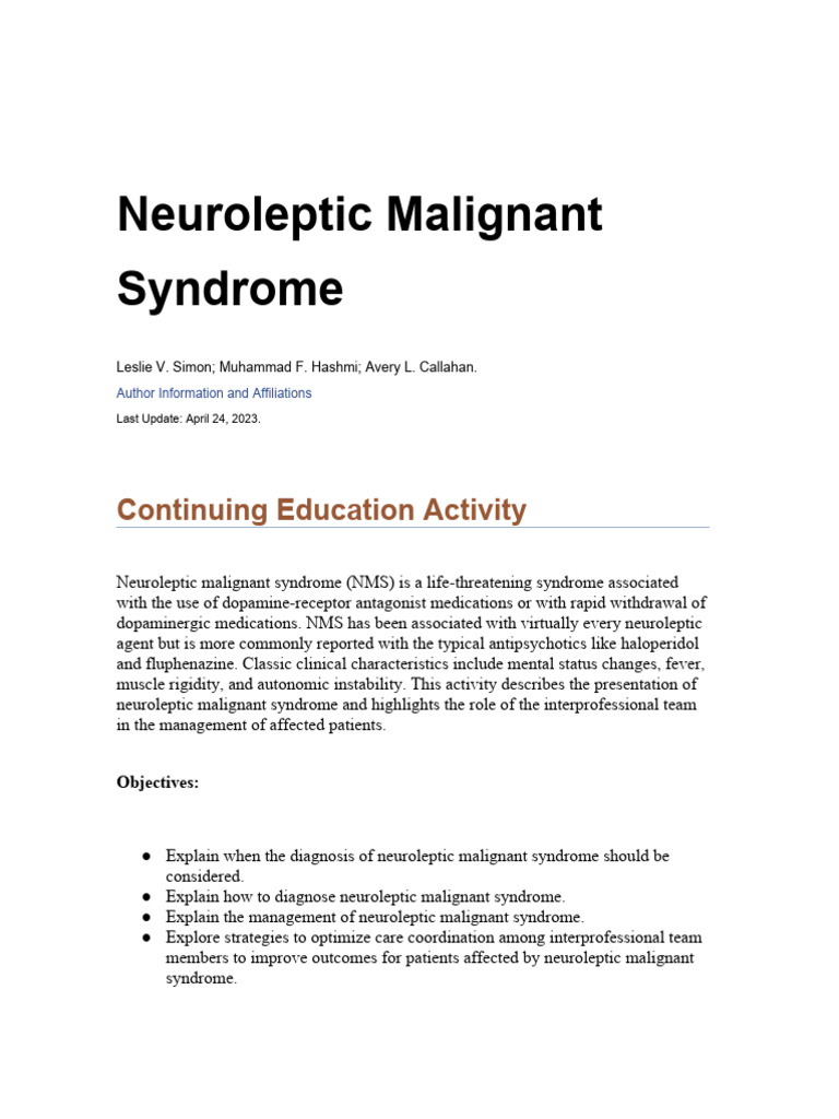 Neuroleptic Malignant Syndrome | PDF | Antipsychotic | Diseases And ...