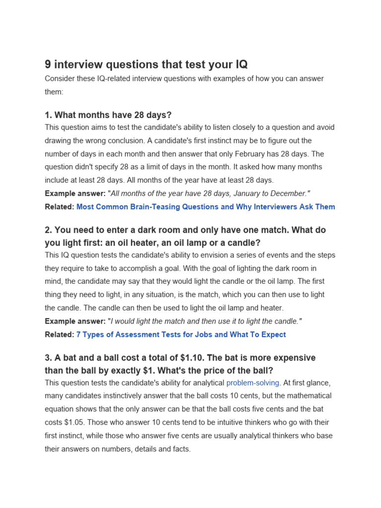 9 Interview Questions That Test Your IQ | PDF | Question | Knowledge