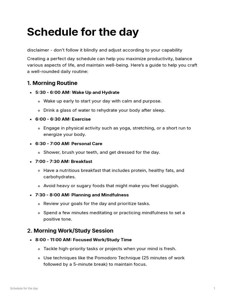 Schedule For The Day | PDF | Relaxation (Psychology) | Lunch