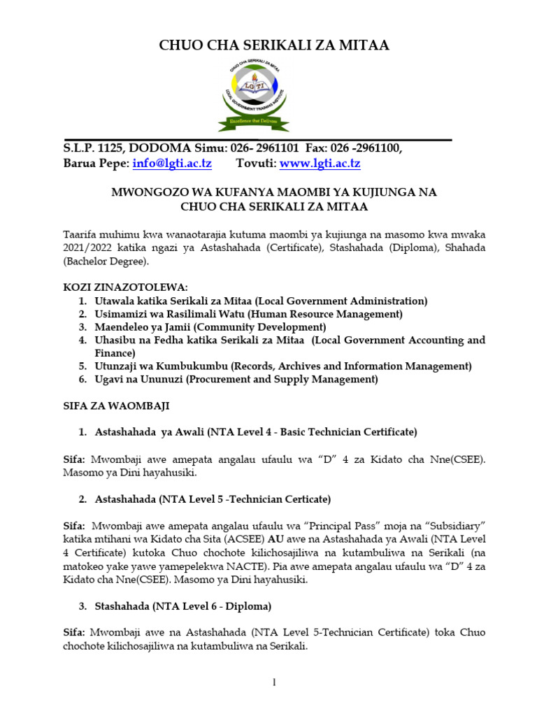 Mwongozo Wa Kufanya Maombi Ya Kujiunga Na Masomo Chuo Cha Serikali Za Mitaa | PDF