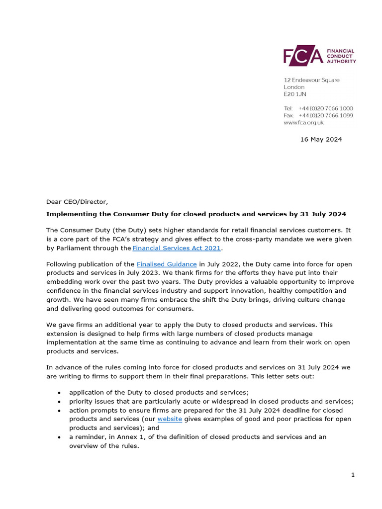 Dear Ceo Letter Implementing Consumer Duty Closed Products Services