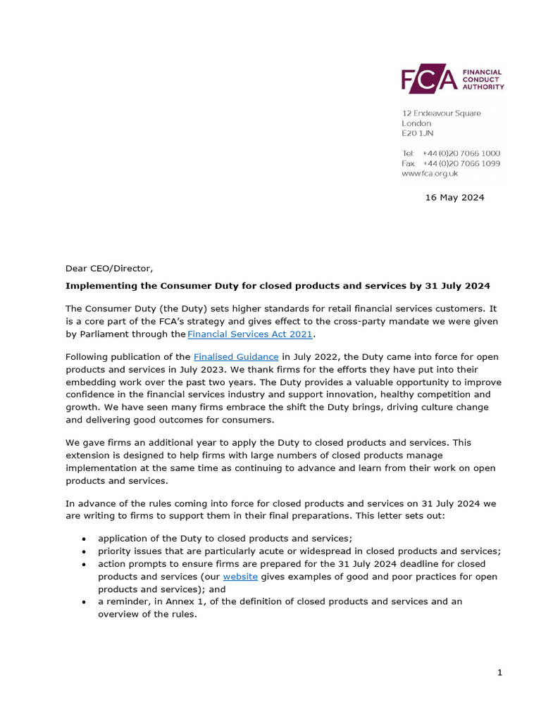 Dear Ceo Letter Implementing Consumer Duty Closed Products Services ...
