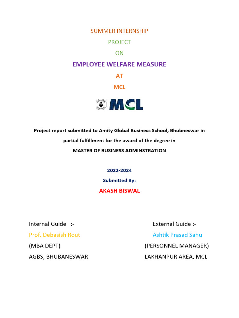 Summer Internship On Employee Welfare Measure in MCL | PDF | Employment ...