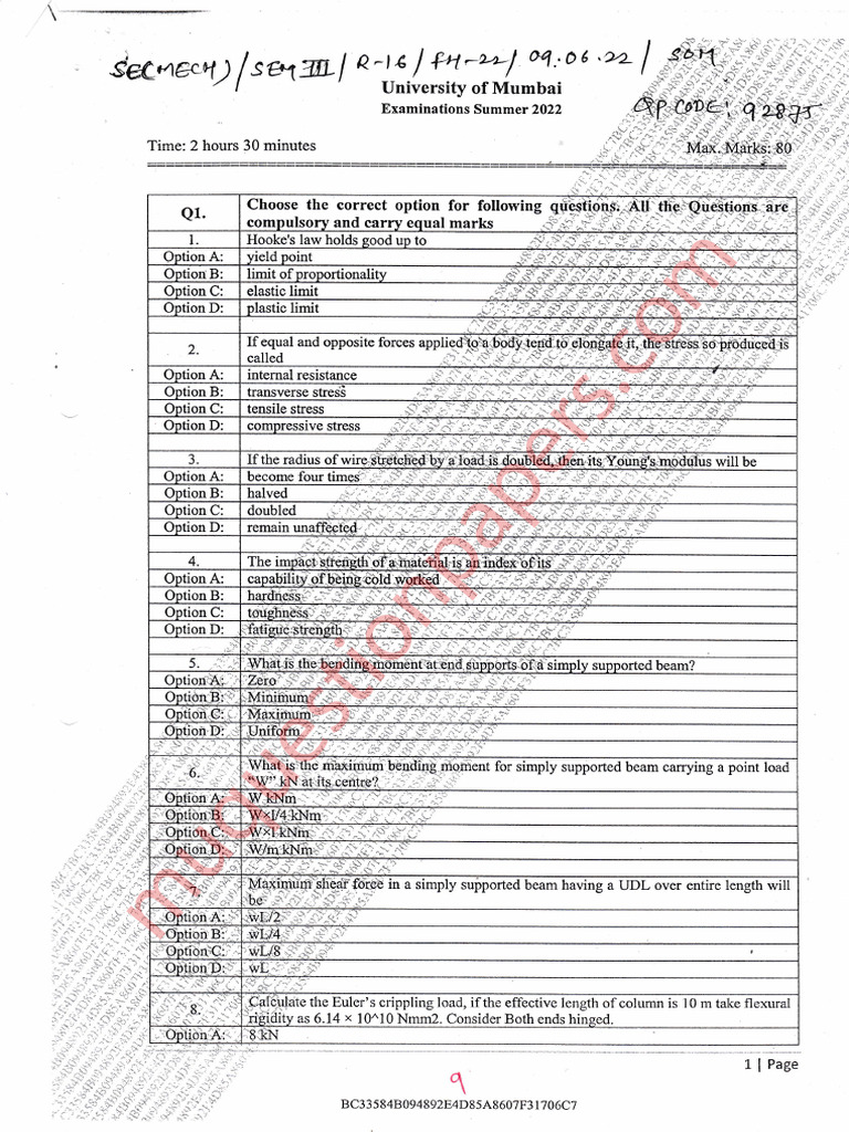 Be - Mechanical Engineering - Semester 3 - 2022 - May - Strength of Materials Rev 2019 C Scheme ...