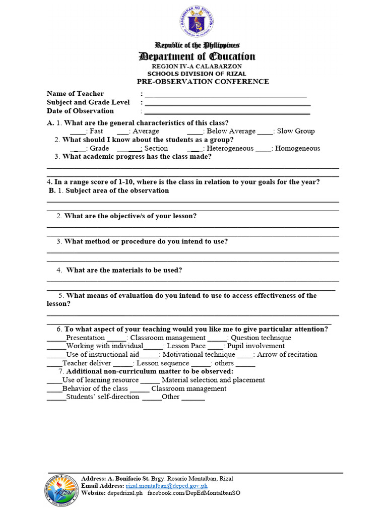 Pre Observation Form | PDF | Teachers | Classroom Management