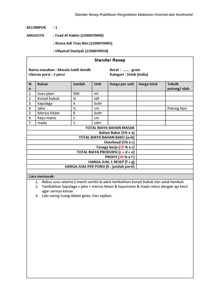 Standar Resep Masakan Oriental (Klompok 1 - India-Pakistan) | PDF