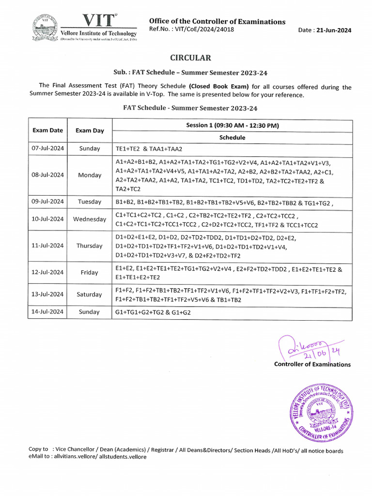 Schedule - Summer Semester 2023-24 | PDF
