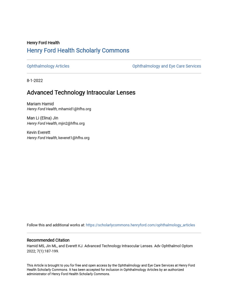 Advanced Technology Intraocular Lenses | PDF | Eye | Vision