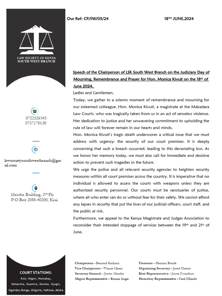 LSK South West Remembers Hon. Kivuti | PDF | Political Law | Justice