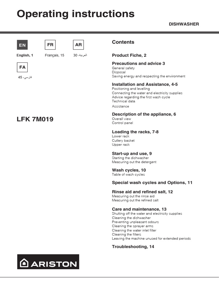 Ariston LFK 7M019 | PDF | Dishwasher