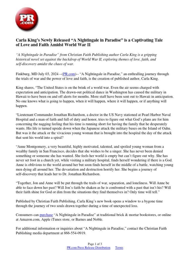 Carla King’s Newly Released “A Nightingale in Paradise” is a Captivating Tale of Love and Faith ...