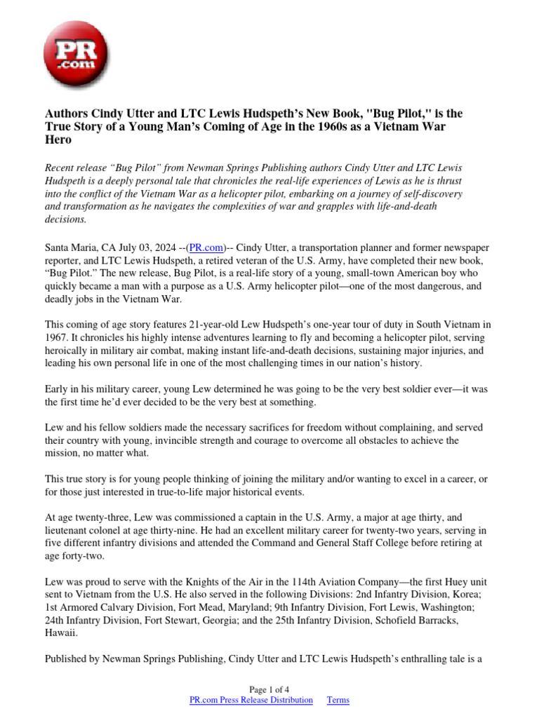 Authors Cindy Utter and LTC Lewis Hudspeth's New Book, "Bug Pilot," Is The True Story of A Young ...