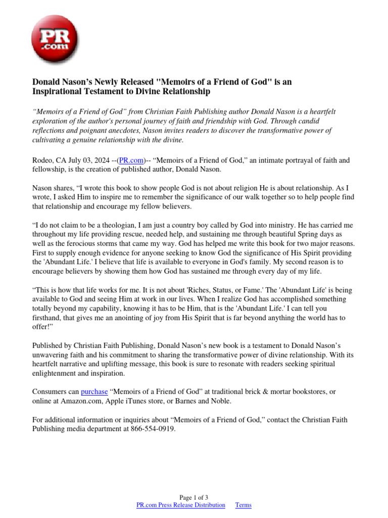 Donald Nason's Newly Released "Memoirs of A Friend of God" Is An ...