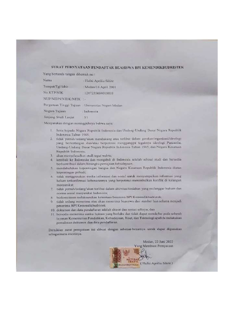 surat pernyataan BEASISWA BPI | PDF