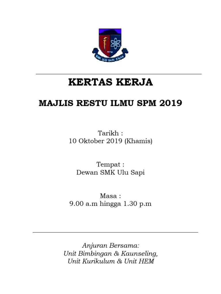 Kertas Kerja Majlis Restu Ilmu SPM 2019 | PDF