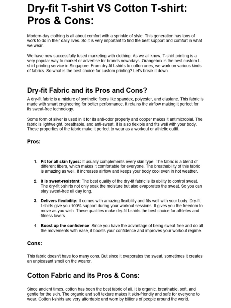 Article - Dry-Fit Vs Cotton Pros Cons | PDF | Textiles | Fashion
