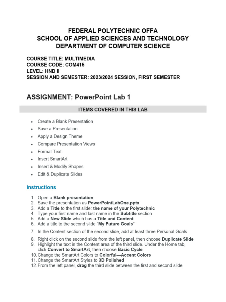 Lab AssignmentCOM415 (2024) | PDF | Microsoft Power Point | Page Layout