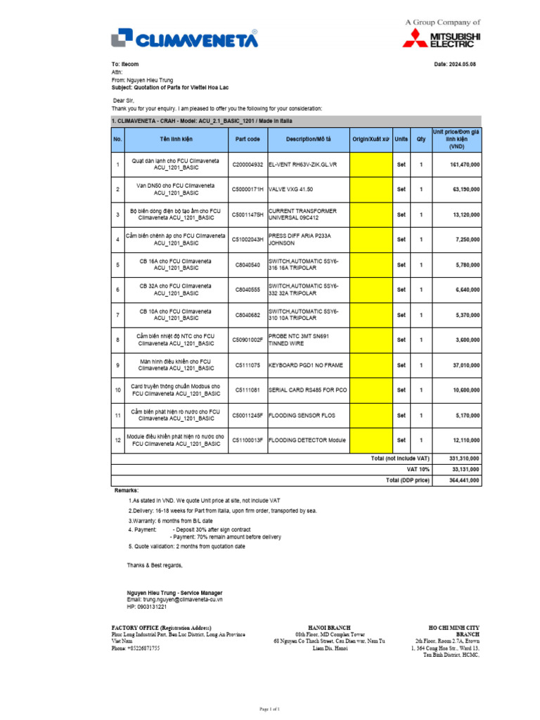 Quotation For Spare Part Viettel HL 2016 - Itecom 20240508 | PDF | Technology & Engineering
