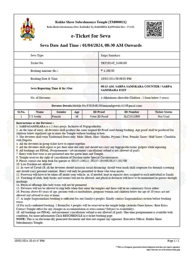 E-Ticket For Seva: Seva Date and Time: 01/04/2024, 08:30 AM Onwards | PDF