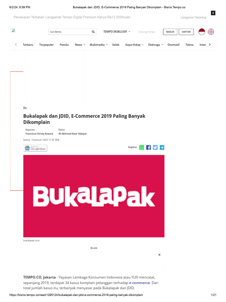 Bukalapak Dan JDID, E-Commerce 2019 Paling Banyak Dikomplain - Bisnis ...
